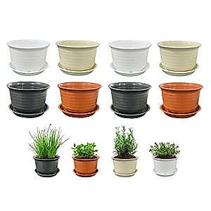 AQSXO 4 inch Planter Nursery Pots, Plastic Planters Pots for Plants Flower Transplanting with Drainage Holes and Saucers, 4 Colors 8 Pieces.