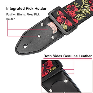 Adjustable Guitar Strap for Electric/Acoustic Guitar/Bass, Includes 2 Picks + Strap Locks + Strap Button, Cotton Jacquard Embroidered Genuine leather Ends Guitar Straps with 1 Pick Holder, Rose