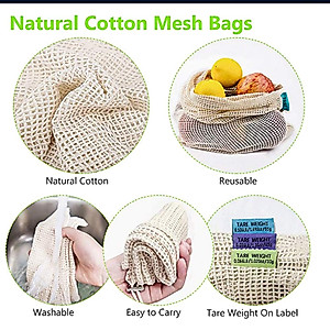 Reusable Mesh Produce Bags, Organic Cotton Eco Friendly Washable Durable Bags Set of 6pcs Drawstring Bags for Vegetable Fruit Storage Grocery Shopping Toys