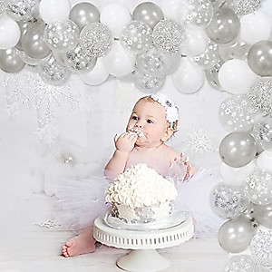 White Silver Snowflake Balloons Garland Arch Kit, Silver Snowflake Confetti Balloons Arch Winter Wonderland Party Decorations for Winter Baby Shower Birthday Baby Its Cold Outside Decorations
