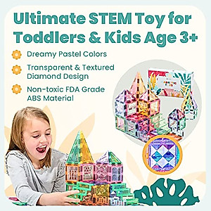 OMBU Pastel Magnetic Tiles for Kids, 102 Pieces - STEM Toy, Magnetic Building Blocks for Kids - Textured Magnet Tiles for Kids with Storage Bag