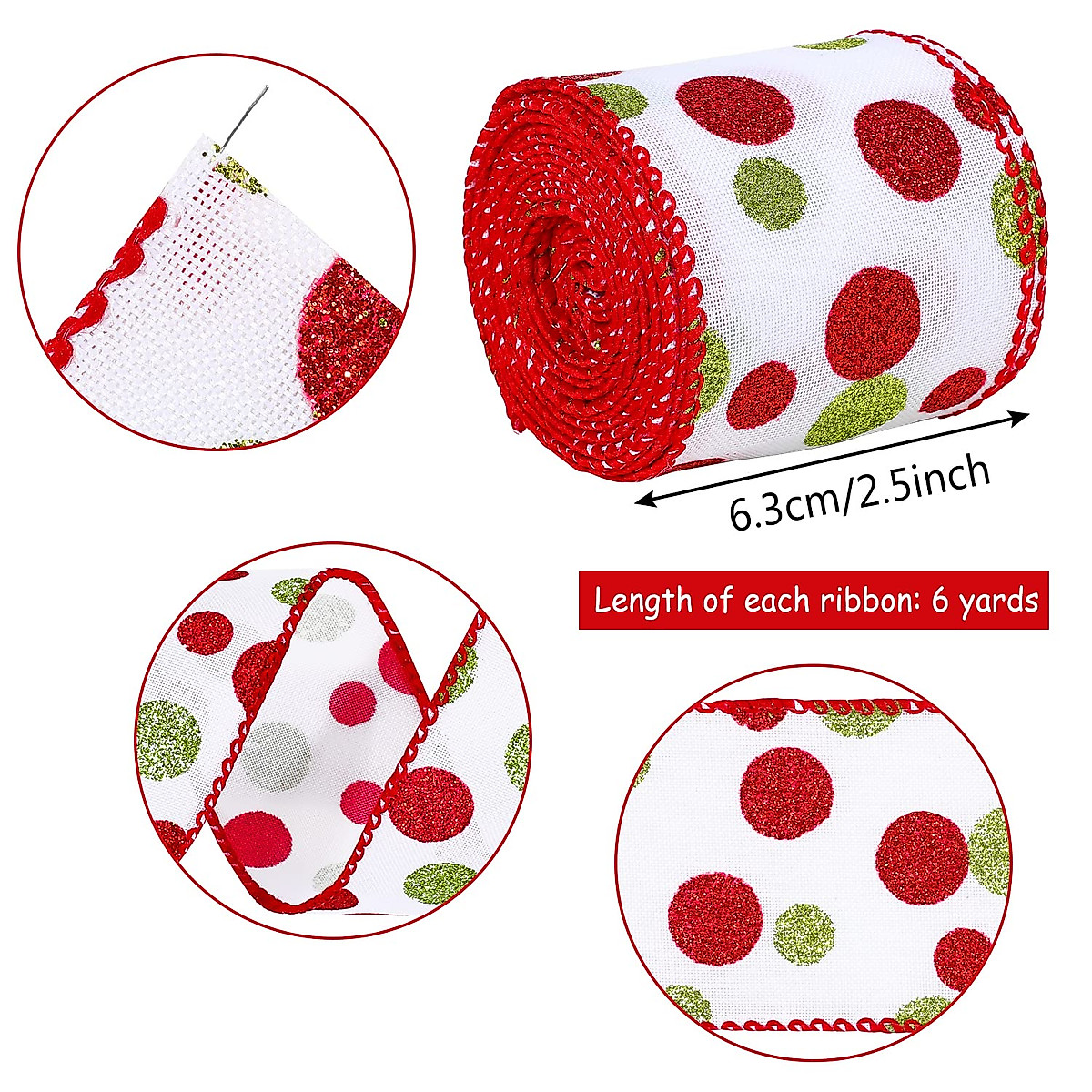 2 Rolls Christmas Ribbons Polka Dot Ribbon Wired Glitter Christmas Wired Ribbons Burlap Decorative Ribbons for DIY Craft Wreath Bows (Green, Red, 2.5 Inch x 6 Yard Per Roll)