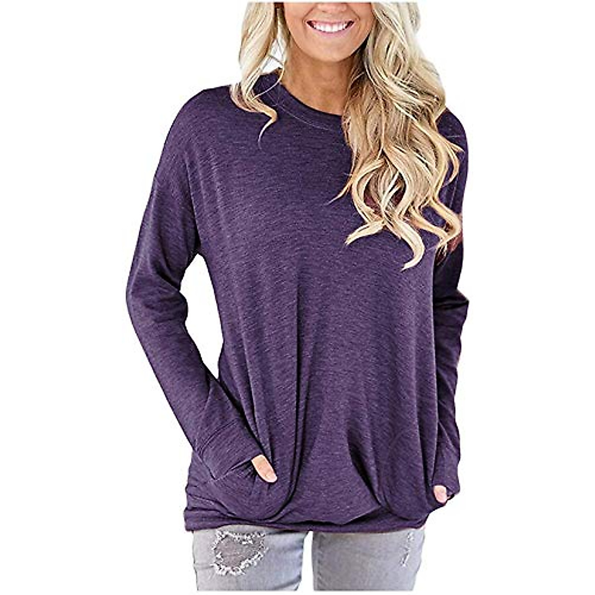 LaLaLa Womens Sweatshirts with Pockets Crewneck Casual Cotton Long Sleeve Tunic Top Shirts with Leggings (Medium,Purple)