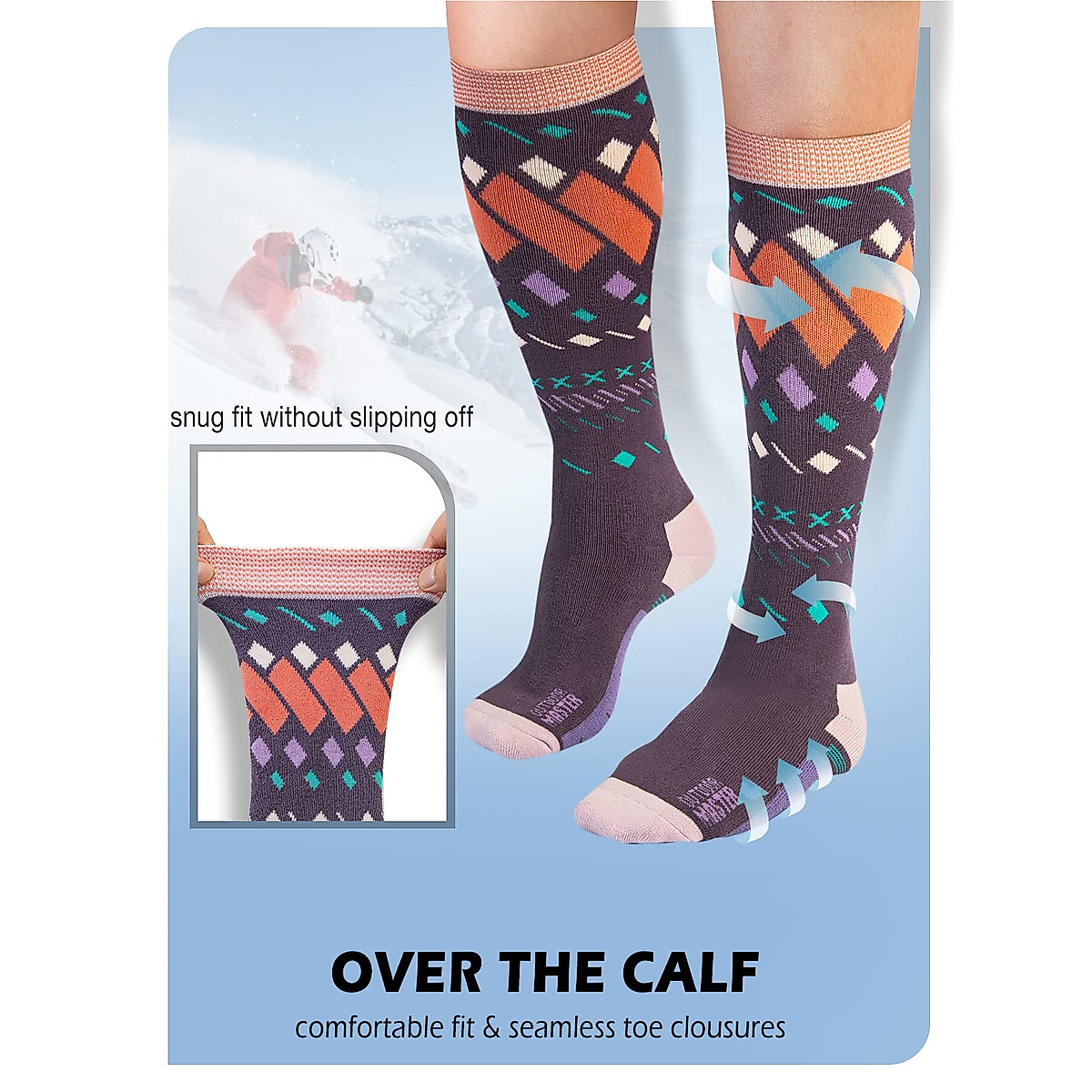 OutdoorMaster Unisex Ski Socks,Skiing and Snowboarding Socks for Men & Women with Over the Calf Design/Non-Slip Cuff