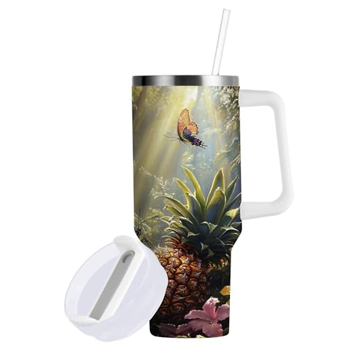 Slewiaeky Tumbler with Handle 40 oz Tropical Butterfly Insect Travel Mug with Lid and Straw Pineapple Stainless Steel Vacuum Insulated Water Bottle Cup for Iced Tea Coffee Cold Beverages Cup Holder F