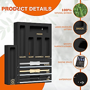 DALSHABET 9 IN1 Bamboo Storage Bag Drawer Organizer with Cutter, Foil and Plastic Wrap Dispenser for Kitchen Storage Compatible with All Brands Gallon, Quart, Sandwich & Snack Size Bags - Black