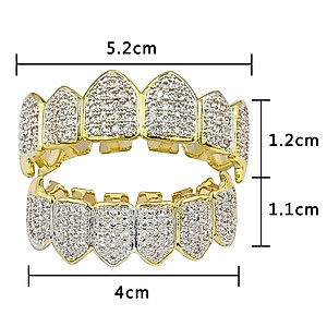 Moca Jewelry Hip Hop Unisex 18K Gold Plated Iced Out CZ Simulated Diamond Top Bottom Teeth Grillz Set for Men Women