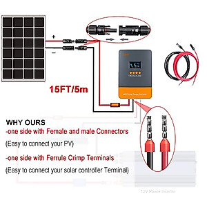 PowMr 16 Feet 10AWG(6mm²) Solar Extension Cable with Female and Male Connector Solar Panel Adaptor Kit Tool(Red & Black)