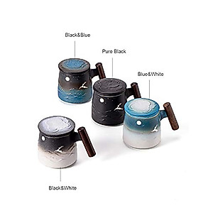 TANG PIN Moon Deer Ceramic Tea Mug with Infuser and Lid Coffee Mug with Strainer and Wooden Handle 14.5 OZ (Black&Blue)