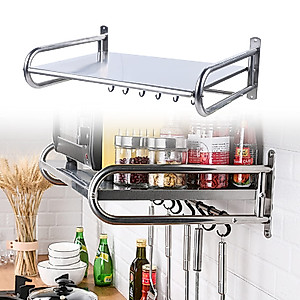 Ghankopd Microwave Oven Rack, Stainless Steel Microwave Oven Shelf Wall-Mounted Kitchen Shelf, Kitchen Shelves Counter with 6 Hooks for Kitchen Countertop Organizer (Silver)