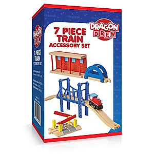 Dragon Drew Wooden Train Accessory Set – Includes Train Car, Station Platform, Raised Bridge and Tracks and Railroad Crossroad - Compatible with Brio, Thomas, Chuggington and All Major Brands