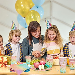 Hovico 120 Pieces Gold Polka Dot Party Plates with Paper Plates, Napkins, 9 Ounce Cups, Birthday, Graduation, Cocktail Party(Blue&Pink&Gold)