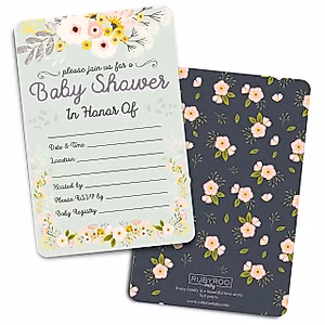 Baby Shower Invitations - 30 Cards + envelopes. Gender Neutral for boy or Girl. Match Baby Shower Games, Decorations & Favors. Perfect invites for Showers, Sprinkles or Gender Reveal Party. (Floral)
