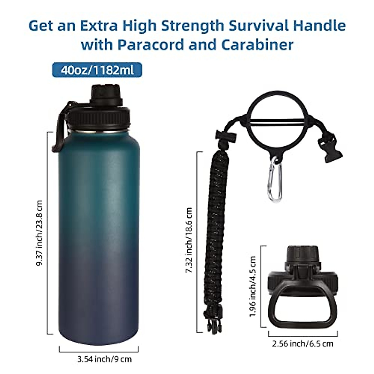 Volhoply 40 oz Insulated Water Bottles Paracord Handle, Stainless Steel Sports Bottle with Spout Lid, Double Walled Metal Travel Water Thermos with Wide Mouth, Reusable Water jug (Dark Night,1 Set)
