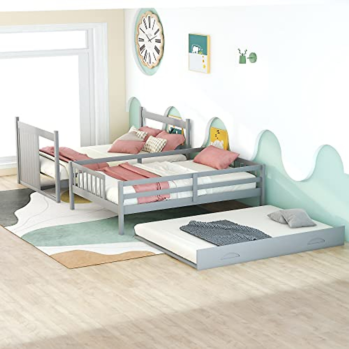 Harper & Bright Designs Bunk Beds Full Over Full Size, Wood Full Bunk Bed with Trundle Bed, Bunk Beds with Stairway for Kids Teens Adults, No Spring Box Needed (Grey, Can be Convertible to 2 Beds)