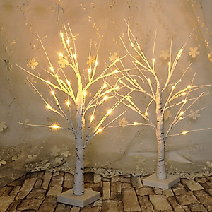2PK 2FT 24LED Lighted Birch Tree Artificial Branch Tree, Tabletop Christmas Tree Lamp Battery Operated with Timer for Indoor Bedroom Xmas Party Wedding Festival Home DIY Decorations (Warm White)