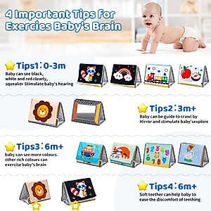 AUKZON Tummy Time Mirror Toys, Baby Toys 0 3 6 9 Months with Crinkle Book, Teethers, Black and White High Contrast Infant Toys, Montessori Sensory Toys Brain Development for Newborn