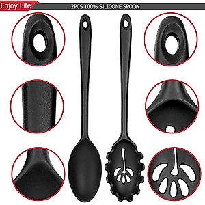 2 Pieces Silicone Cooking Spoons Set Heat Resistant Silicone Spoon Nonstick Mixing Spoons Spaghetti Sever Long Slotted Spoon, Silicone Serving Spoons 13 Inches for Stirring & Frying