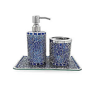 LushAccents Bathroom Accessories Set, 5-Piece Decorative Glass Bathroom Accessories Set, Soap Dispenser, Soap Tray, Vanity Tray, Jar, Toothbrush Holder, Elegant Midnight Blue Mosaic Glass