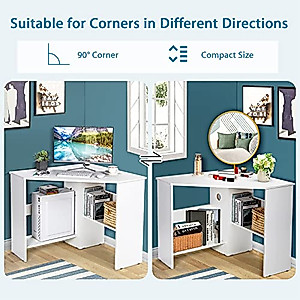 Tangkula White Corner Desk - 90 Degrees Triangle for Computer, Small Space, Bedroom, Makeup Vanity Desk with Storage Shelves & CPU Stand, Space Saving Writing Desk