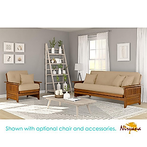 Nirvana Futons Brentwood Tray Arm Futon Frame, Drawers, and Microfiber Khaki Mattress Set - Full, Heritage Finish