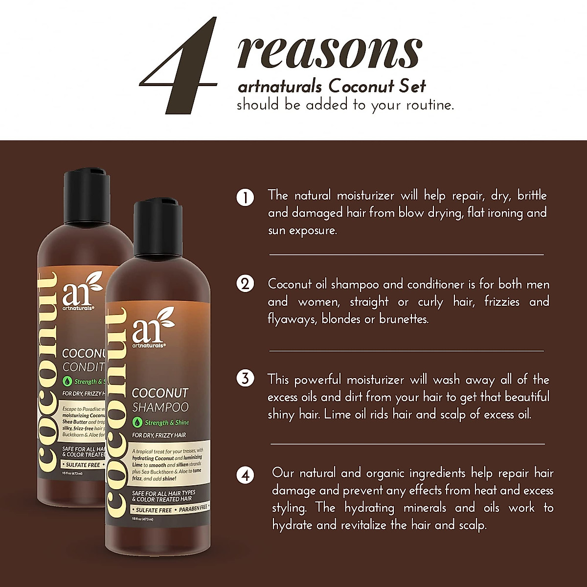 artnaturals Coconut-Lime Shampoo and Conditioner Set – (2 x 16 Fl Oz / 473ml) - Professional Deep Hydrating Moisturizing For Curly Fine Oily Dry Damaged and Color Treated Hair – Natural, Sulfate Free