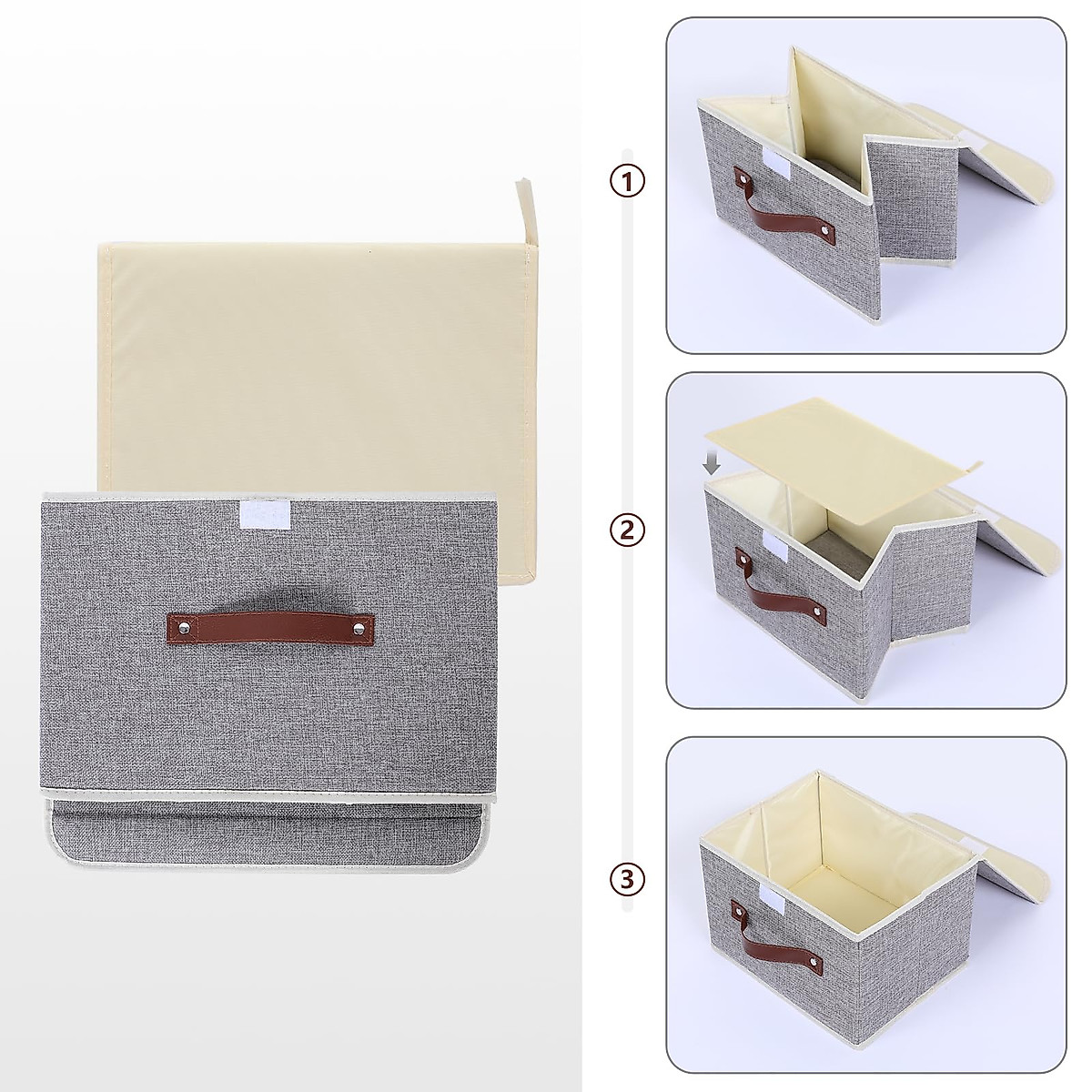 Lucky Monet Collapsible Storage Bins with Lids & PU Leather Handles - PP Plastic Board Washable Linen Fabric Storage Box, Foldable Storage Cubes for Organizing Home Bedroom Closet Office (Large, Gray)