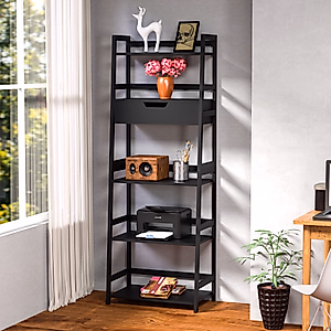 WTZ Upgraded Bookshelf with Drawers, Storage Book Shelves, 5 Tier Tall Bookcase, Modern Open Ladder Shelf for Bedroom, Living Room, Bathroom, Kids Room, Office, MC-519 (Black)