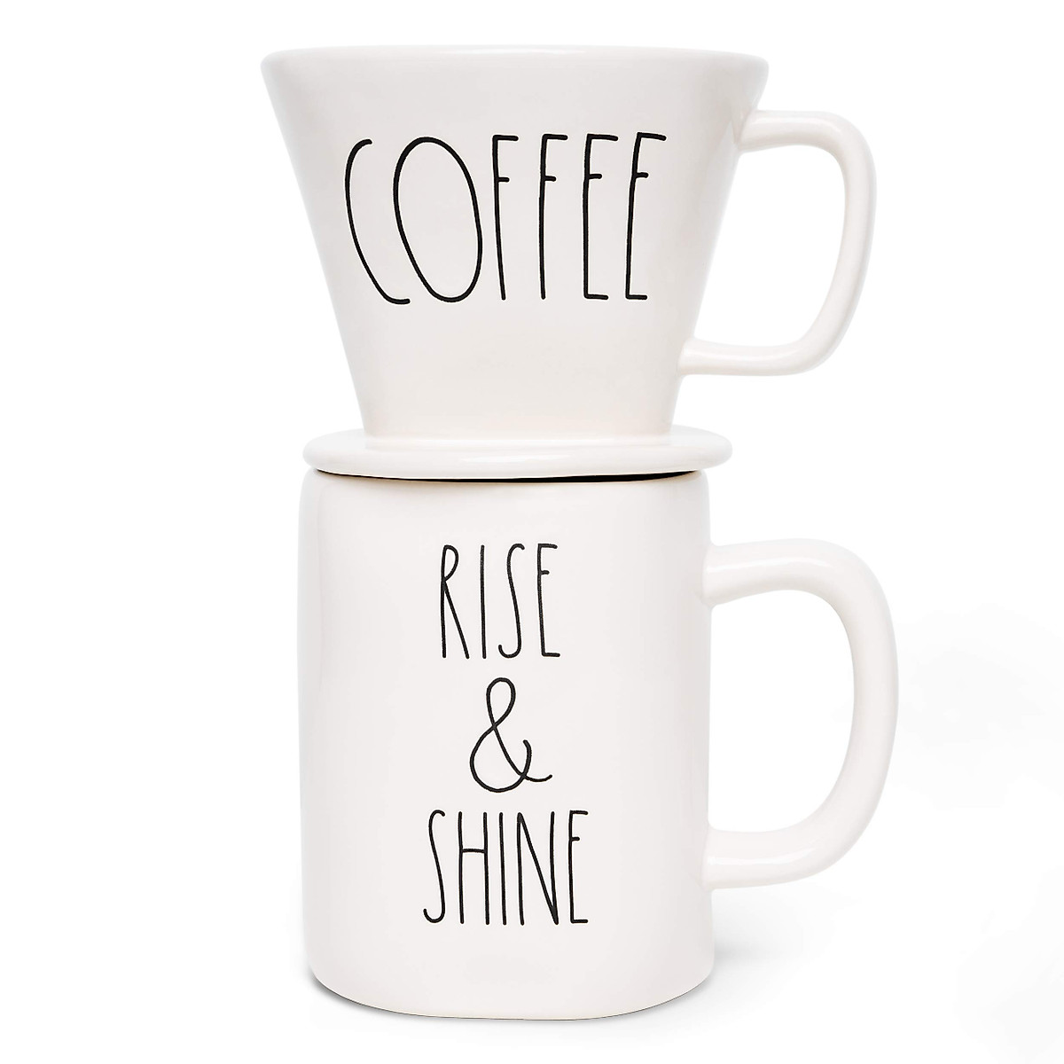 RAE DUNN Coffee Drip & Mug Set - Coffee Drip Cone with Large Coffee Mug - Rise & Shine - Gift for Coffee Lovers