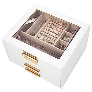 Zglori Jewelry Box, 3 Layers Jewelry Organizer with Glass Lid, 2 Drawers Jewelry Storage Case Holder for Women, Girls