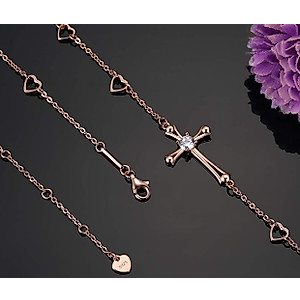 Cross Ankle Bracelet For Women, 925 Sterling Silver Charm Adjustable Foot Anklet, Large Cross Bracelet (Rose Gold One Cubic Zirconia Cross)