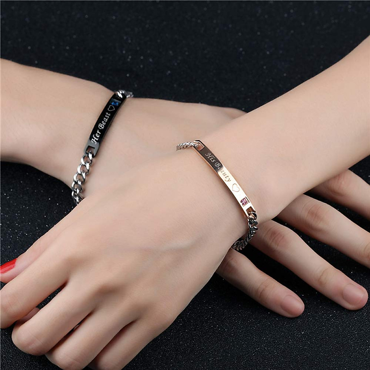 OUXUN Matching Bracelets For Couples Set Her Beast His Beauty 2 Pcs Romantic Lettering Relationship Couples Link Bracelets Promise Gifts Birthday Present For Women Men BF GF Lovers