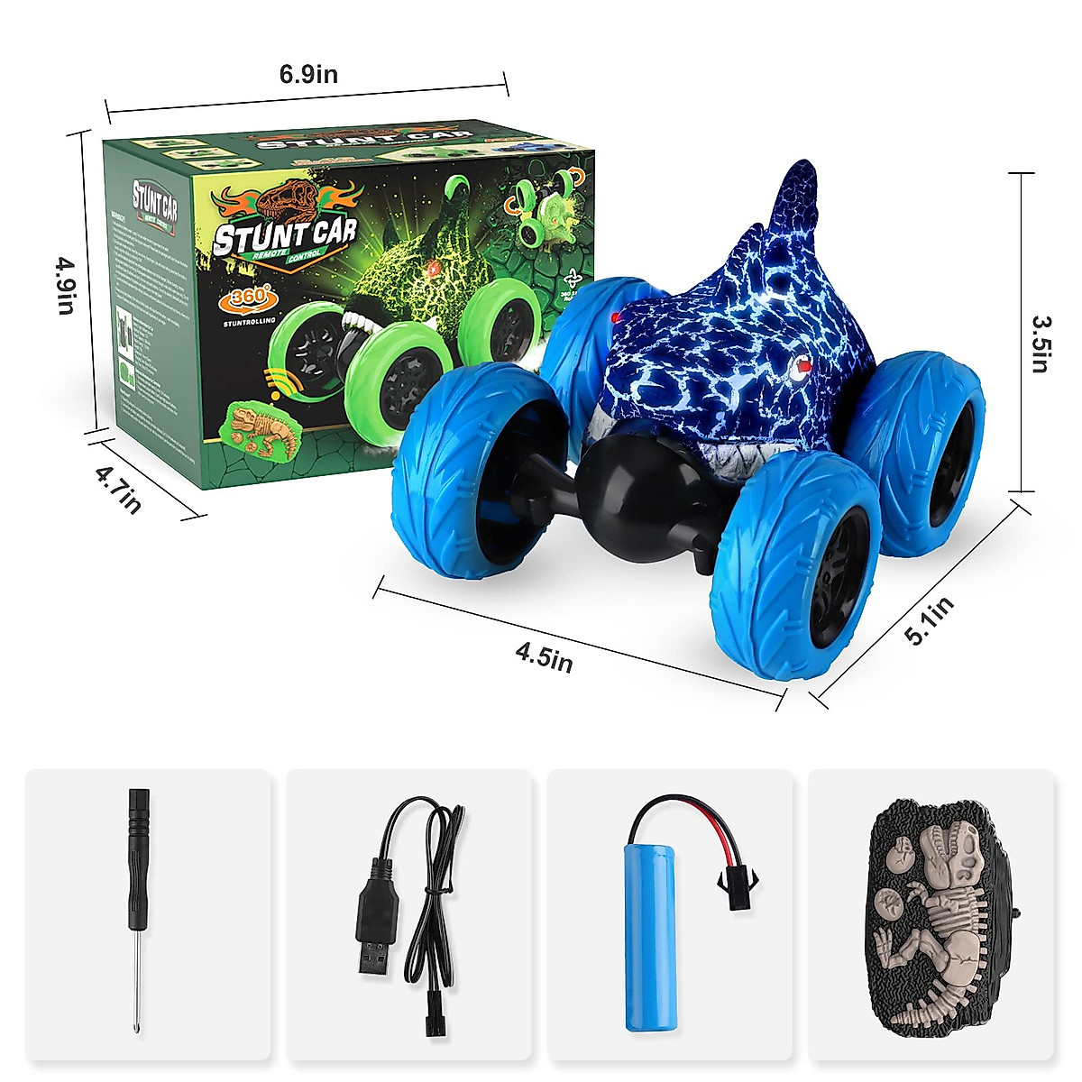 Dywalfri Remote Control Car, Dinosaur Toys RC Stunt Car 360°Rolling with LED Headlights, Rechargeable RC Car Dinosaur Toys Gifts for 4 5 6 7 8-12 Year Old Boys Girls Kids （Sharkosaurus ）