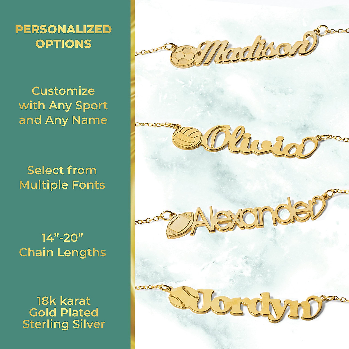 Brilliant Bijou Personalized Name Necklace 14k Gold Plated Silver | Basketball, Football, Volleyball, Baseball Customized Athlete Sports Pendant Chains for Men and Women