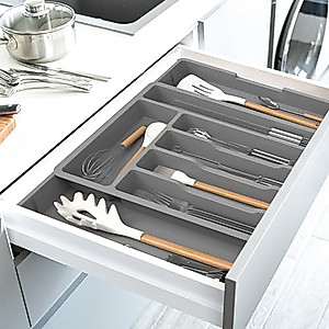 iDavosic.ly Silverware Drawer Organizer, Expandable Utensil Tray for Kitchen Drawers, Adjustable Plastic Cutlery Flatware Holder for Knife Fork Spoon with 8-10 Compartments (Large, Gray)