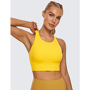 CRZ YOGA Womens Butterluxe Strappy High Neck Longline Sports Bra - Wireless Criss Cross Back Padded Workout Cropped Top High Visibility Yellow Medium