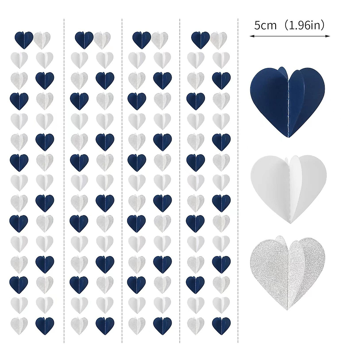 Navy-Blue White Silver 3D-Heart Garland - 39Ft Graduation Hanging Decoration Streamers Banner,Bridal Birthday Engagement Bachelorette Baby Shower Christmas Baby Shower Valentines Party Decor Ouruola