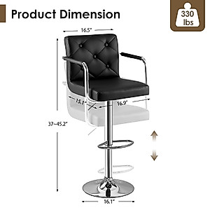 VECELO Bar Stools, Adjustable Bar Stools Set of 2, Counter Height Barstool with Back and Arms, Swivel PU Leather Bar Chairs for Kitchen/Island, Black