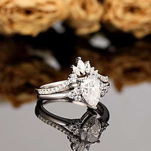 Frayerr Statement Ring,Excellent Pear Cut 1.50 Carat Genuine Moissanite Wedding Set,Proposal Ring,925 Sterling Silver Bridal Rings,Marquise Moissanite Wedding Band,Promise Ring For Women (4)