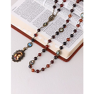 diyalo Servite Rosary of the Seven Sorrows 7 Prayer Beads Chain Religious Holy Blessed Virgin Mary Pendant Y-Necklace (Dark Brown Agate Beads)