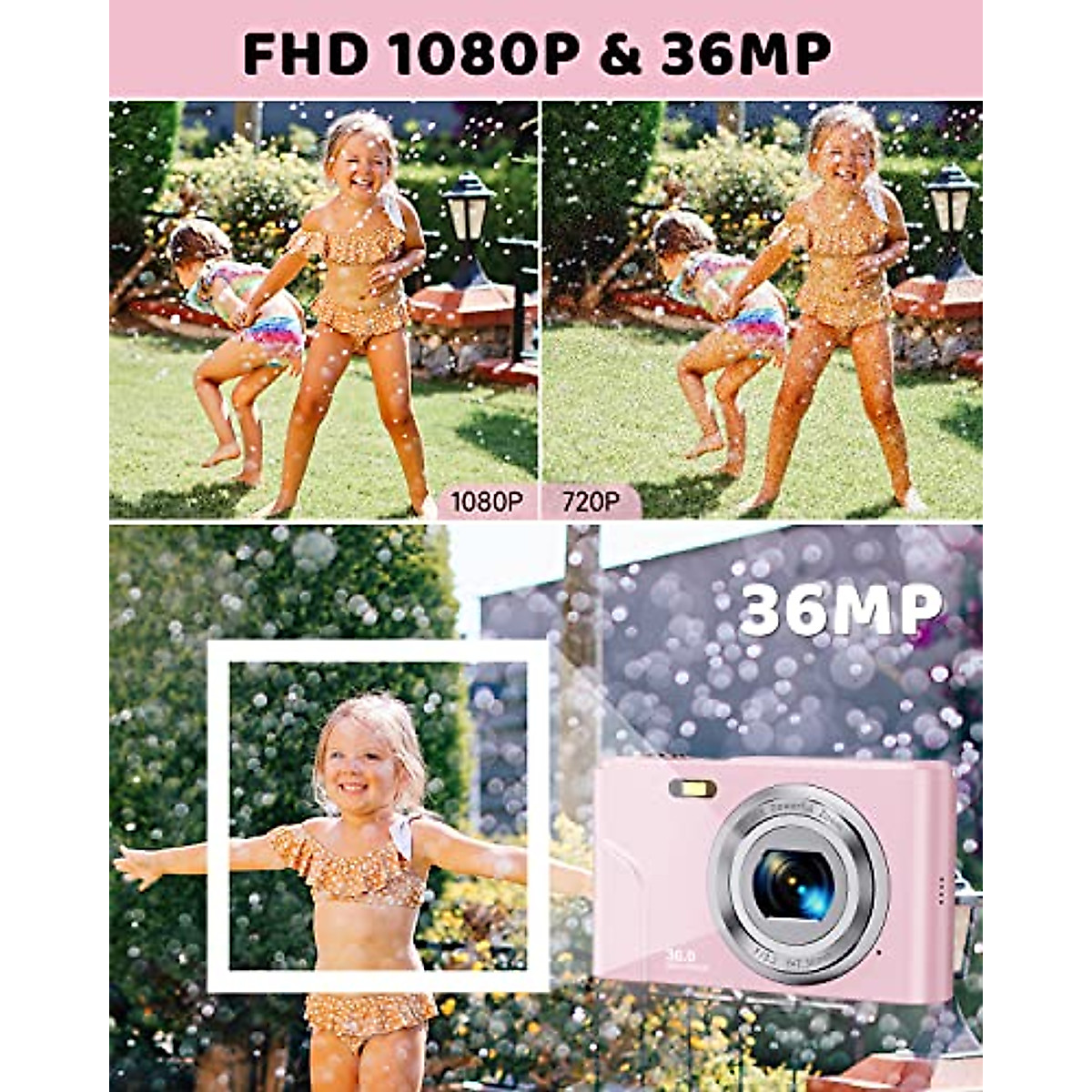 Digital Camera, Lecran Kids Camera FHD 1080P 36.0 Mega Pixels Vlogging Camera with 16X Digital Zoom, LCD Screen, Compact Portable Mini Cameras for Kids, Teens, Students (Pink)