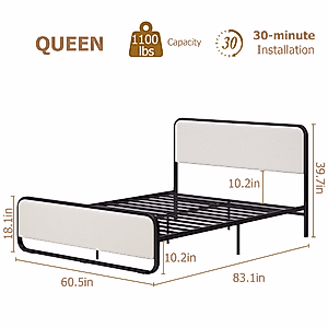 Homhougo Queen Size Bed Frame with Upholstered Headboard and Footboard,10.3'' Underbed Space, Curved Design, Strong Slats Support, Box Spring Optional, Beige