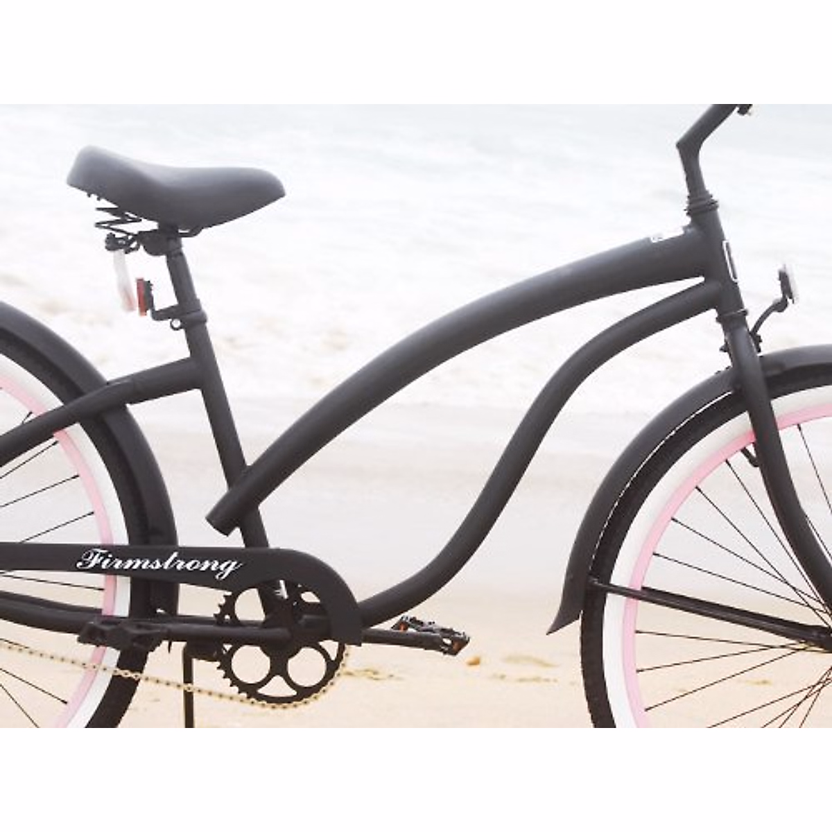 Firmstrong Bella Fashionista Women's Beach Cruiser Bicycle, Single Speed Bicycle, 26 Inch Wheels, Matte Black with Pink Rims