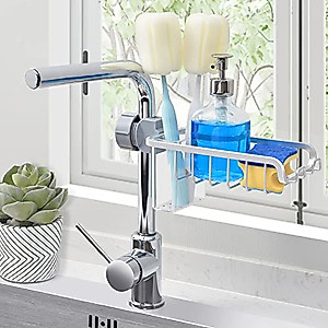TOOLF Sponge Holder Kitchen Sink Caddy, Aluminum Over Faucet Rack with Brush Holder and 2 Hooks, Hanging Sink Organizer for Scrubbers, Dishwand, Dish Cloth, Soap, Sink Stopper on Kitchen, Bathroom