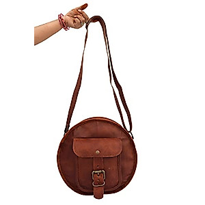 Vintage Leather Crossbody Bag Women/Teen Girls Satchel Handbag Round Messenger Sling Bags, 10 Inch Small