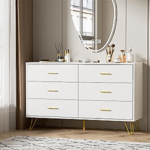 BVFUKA White Dresser for Bedroom, Wood 6 Drawer Double Dresser with Wide Drawers and Gold Handles, Modern Dressers & Chest of Drawers for Bedroom