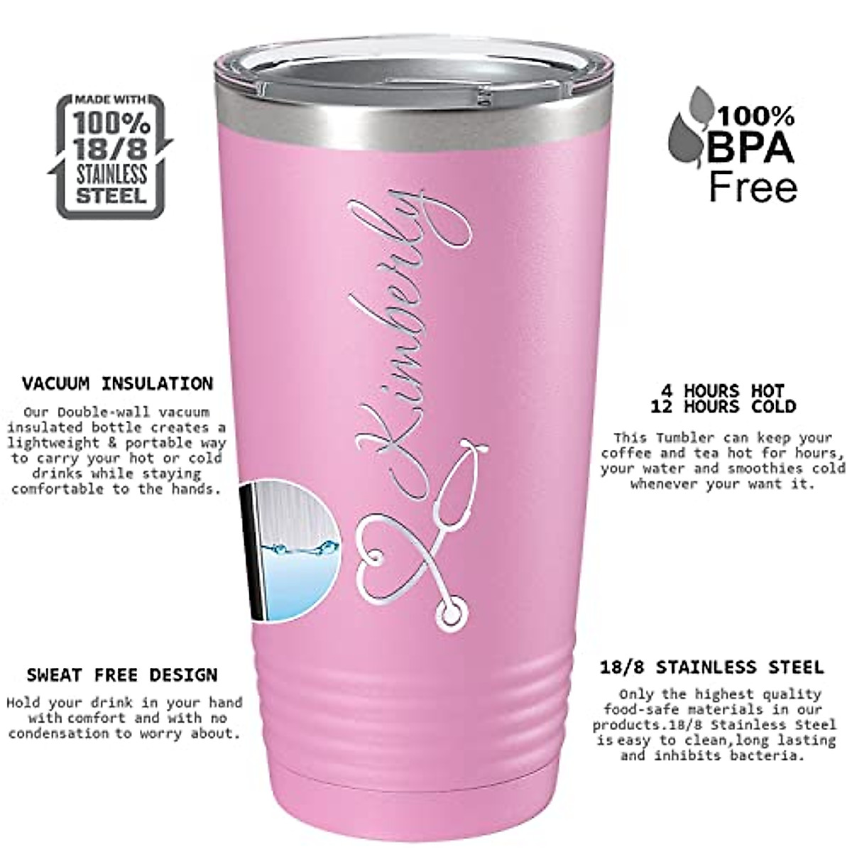 Personalized Heart Stethoscope Nurse, RN, LPN, CNA, CMA, MA Laser Engraved on Lilac 20 oz Stainless Steel Tumbler with Lid - Insulated Cup - Travel Mug