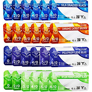 Mixed Sterile Suture Thread with Needle (Dissolvable and Non-dissolvable 0, 2-0, 3-0, 4-0, 5-0, 6-0) - Stitch Up Gear, Medical Surgical Suturing Kit, First Aid Field Emergency Demo, Camping Safety Kit