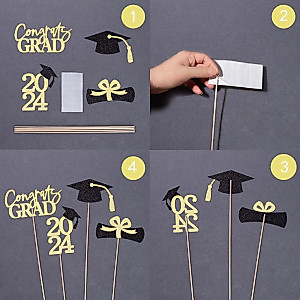 Gexolenu 16 PCS Gold and Black Double-Sided 2024 Graduation Centerpieces for Tables, 2024 Table Toppers Party Centerpiece Sticks Party Supplies, Graduation Party Decorations Class of 2024, Set of 4