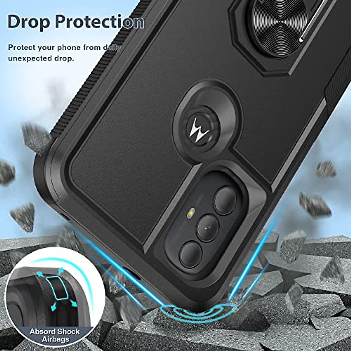 BNIUT for Motorola Moto G Play 2023 Case: Moto G Power 2022 Case/Moto G Pure 2021 Case - Dual Layer Protection Magnetic Kickstand Phone Cover with Ring Holder & Screen Protector (Matte Black)